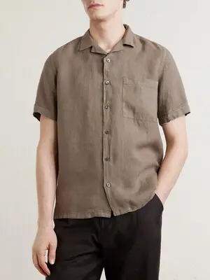 Canali Camp-collar Linen Shirt - Brown