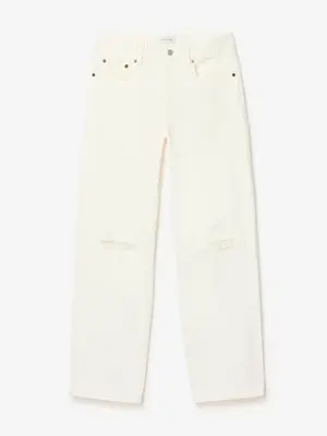HOUSE OF DAGMAR Cropped Distressed Straight Leg Denim - White