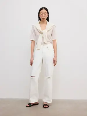 HOUSE OF DAGMAR Cropped Distressed Straight Leg Denim - White