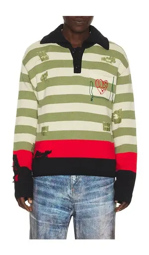 Andersson Bell Stripe Damaged Polo Sweater In Green - Multi