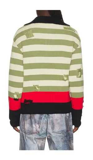 Andersson Bell Stripe Damaged Polo Sweater In Green - Multi