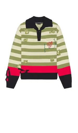 Andersson Bell Stripe Damaged Polo Sweater In Green - Multi