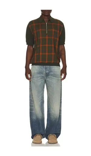 BEAMS Half Zip Panel Polo Ombre Plaid