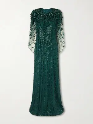 Jenny Packham Nettie Embellished Sequined Tulle Gown - Green