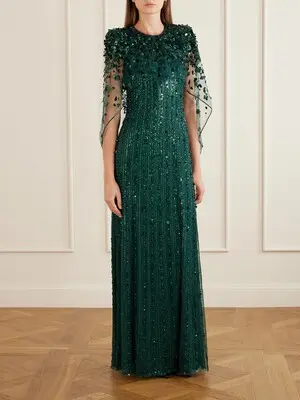 Jenny Packham Nettie Embellished Sequined Tulle Gown - Green
