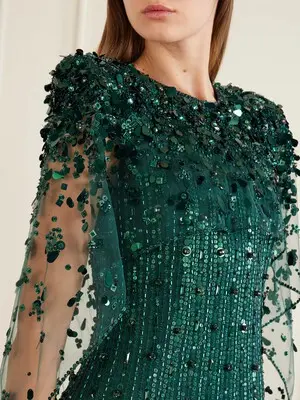 Jenny Packham Nettie Embellished Sequined Tulle Gown - Green