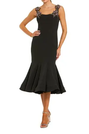 Mac Duggal Floral Appliqué Strap Crepe Trumpet Midi Dress - Black