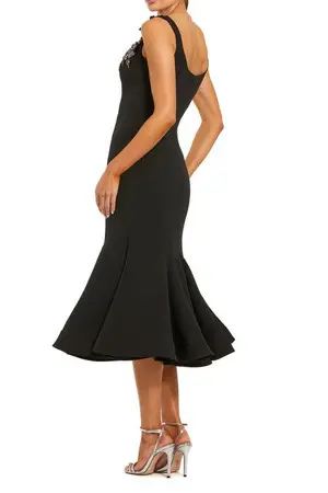 Mac Duggal Floral Appliqué Strap Crepe Trumpet Midi Dress