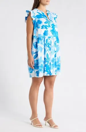 SUGARLIPS Floral Ruffle Mini Dress - Wht-blues-combo