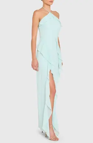 Amanda Uprichard Alessandra Halter Neck Ruffle Trim Gown - Cloud