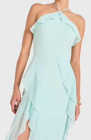 Amanda Uprichard Alessandra Halter Neck Ruffle Trim Gown - Cloud