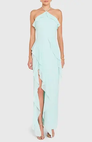 Amanda Uprichard Alessandra Halter Neck Ruffle Trim Gown Cloud