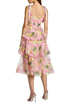 Mac Duggal Bow Strap Floral Embroidered Ruffle Midi Dress