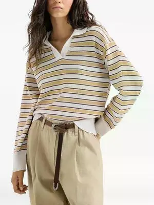 Brunello Cucinelli Cotton Knit Striped Polo Neutrals