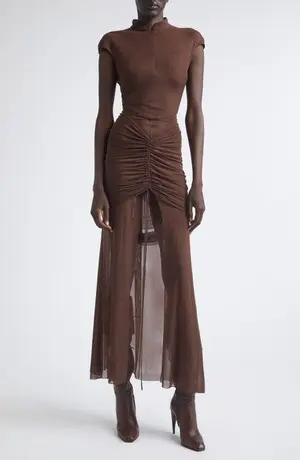 KIM SHUI Anai Ruched Stretch Mesh Dress - Brown