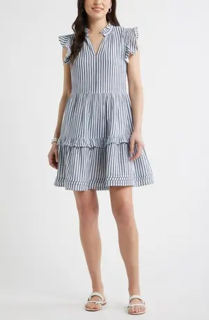 Caslon Striped Cotton Gauze Ruffle Dress - Navy- White Brianne Stripe