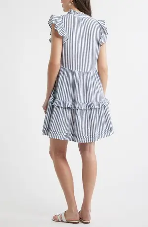 Caslon Striped Cotton Gauze Ruffle Dress - Navy- White Brianne Stripe