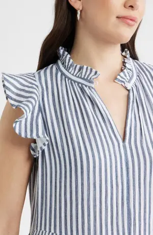 Caslon Striped Cotton Gauze Ruffle Dress - Navy- White Brianne Stripe