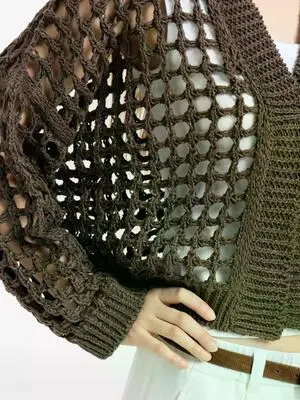 Brunello Cucinelli Jute And Cotton Net Cardigan - Brown