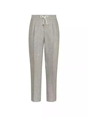 Brunello Cucinelli Linen And Hemp Diagonal Trousers With Drawstring And Double Pleats - Grey