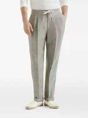 Brunello Cucinelli Linen And Hemp Diagonal Trousers With Drawstring And Double Pleats - Grey