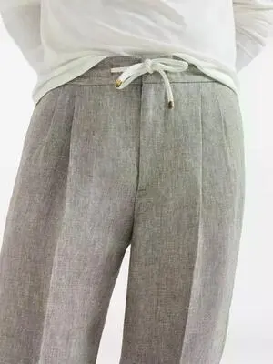 Brunello Cucinelli Linen And Hemp Diagonal Trousers With Drawstring And Double Pleats - Grey