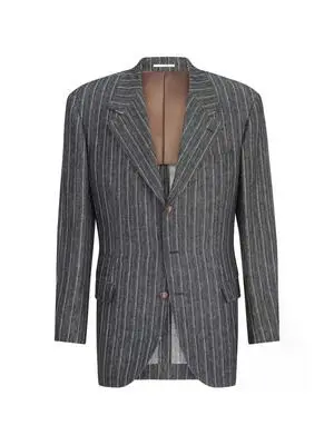 Brunello Cucinelli Linen Chalk Stripe Chevron Tailor Blazer With Metal Buttons - Grey