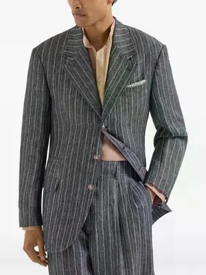 Brunello Cucinelli Linen Chalk Stripe Chevron Tailor Blazer With Metal Buttons - Grey