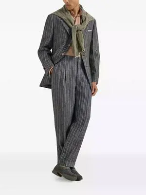 Brunello Cucinelli Linen Chalk Stripe Chevron Trousers With Double Pleats - Grey
