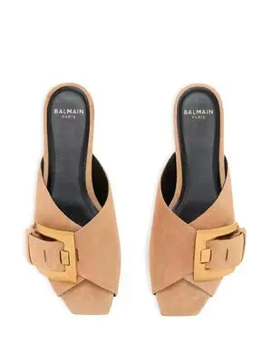 Balmain Flat Suede Leather Anthem Mules - Neutrals