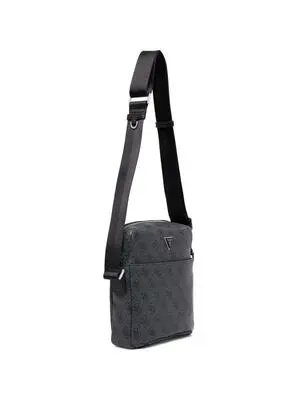 Guess Monogram-print Messenger Bag With Logo Plaque - Black