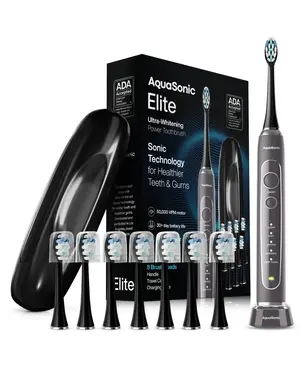 AQUASONIC Elite Rechargeable Electric Toothbrush Set - Charcoal