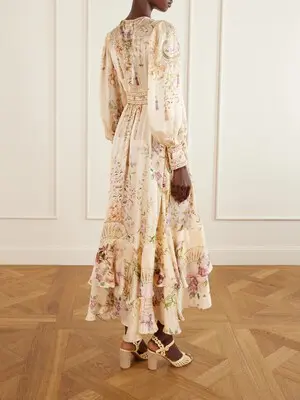Camilla Crystal-embellished Tiered Floral-print Silk-chiffon Midi Dress - Neutrals