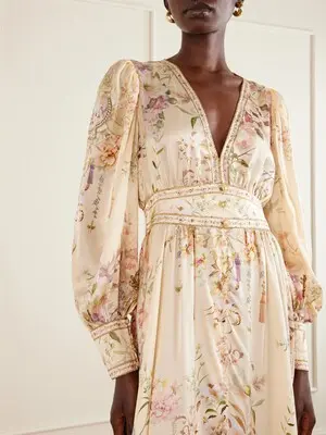 Camilla Crystal-embellished Tiered Floral-print Silk-chiffon Midi Dress - Neutrals