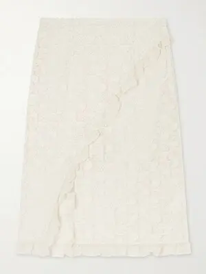 DÔEN Aurella Ruffled Embroidered Mesh Midi Skirt - Neutrals