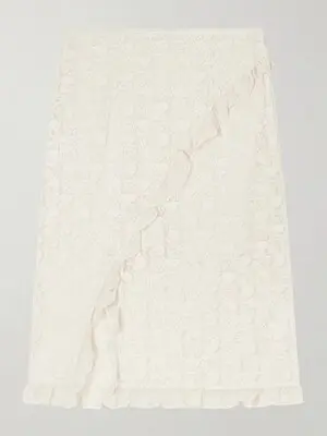 DÔEN Aurella Ruffled Embroidered Mesh Midi Skirt - Neutrals