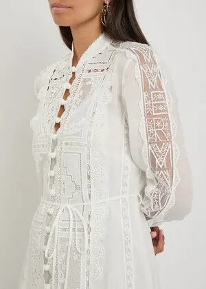 Zimmermann Aster Embroidered Belted Ramie Midi Dress - Ivory