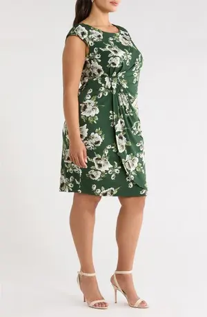 CONNECTED APPAREL Floral Cap Sleeve Faux Wrap Midi Dress