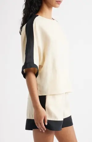 Mango Contrast Detail Linen Top
