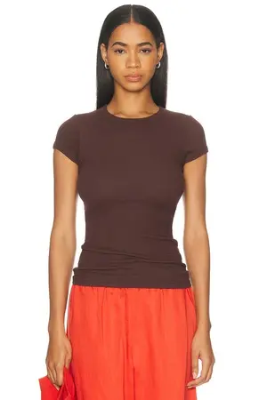 Enza Costa Textured Rib Cap Sleeve Crewneck Tee - Chocolate