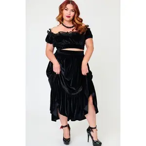 Unique Vintage Tiered Midi Skirt With Floral Print - Black Solid