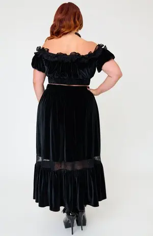 Unique Vintage Tiered Midi Skirt With Floral Print - Black Solid