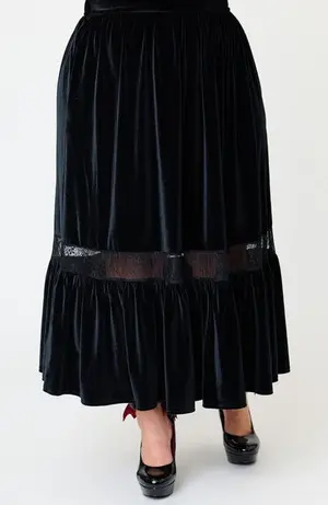 Unique Vintage Tiered Midi Skirt With Floral Print - Black Solid