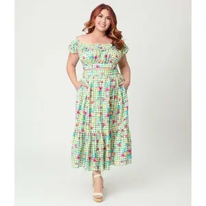 Unique Vintage Tiered Midi Skirt With Floral Print - Green Gingham Print