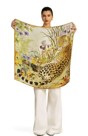 SILKSILKY Pure Silk Leopard & Floral Scarf - Orange