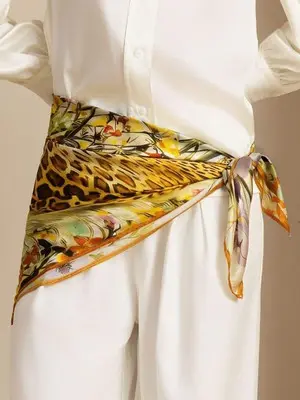 SILKSILKY Pure Silk Leopard & Floral Scarf - Orange