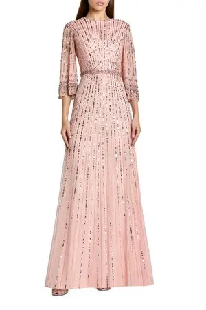 Mac Duggal High Neck Embellished Gown With 3/4 Sleeves - Rose