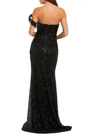 Mac Duggal Sequin Gown With Sculptural Off-shoulder Detail - Black