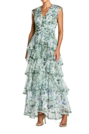 Mac Duggal Floral V-neck Maxi Gown - Blue Multi