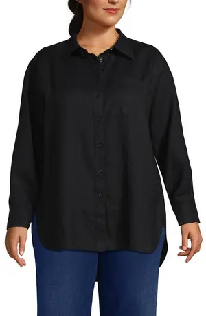 LANDS' END Linen Oversized Button Front Shirt - Black